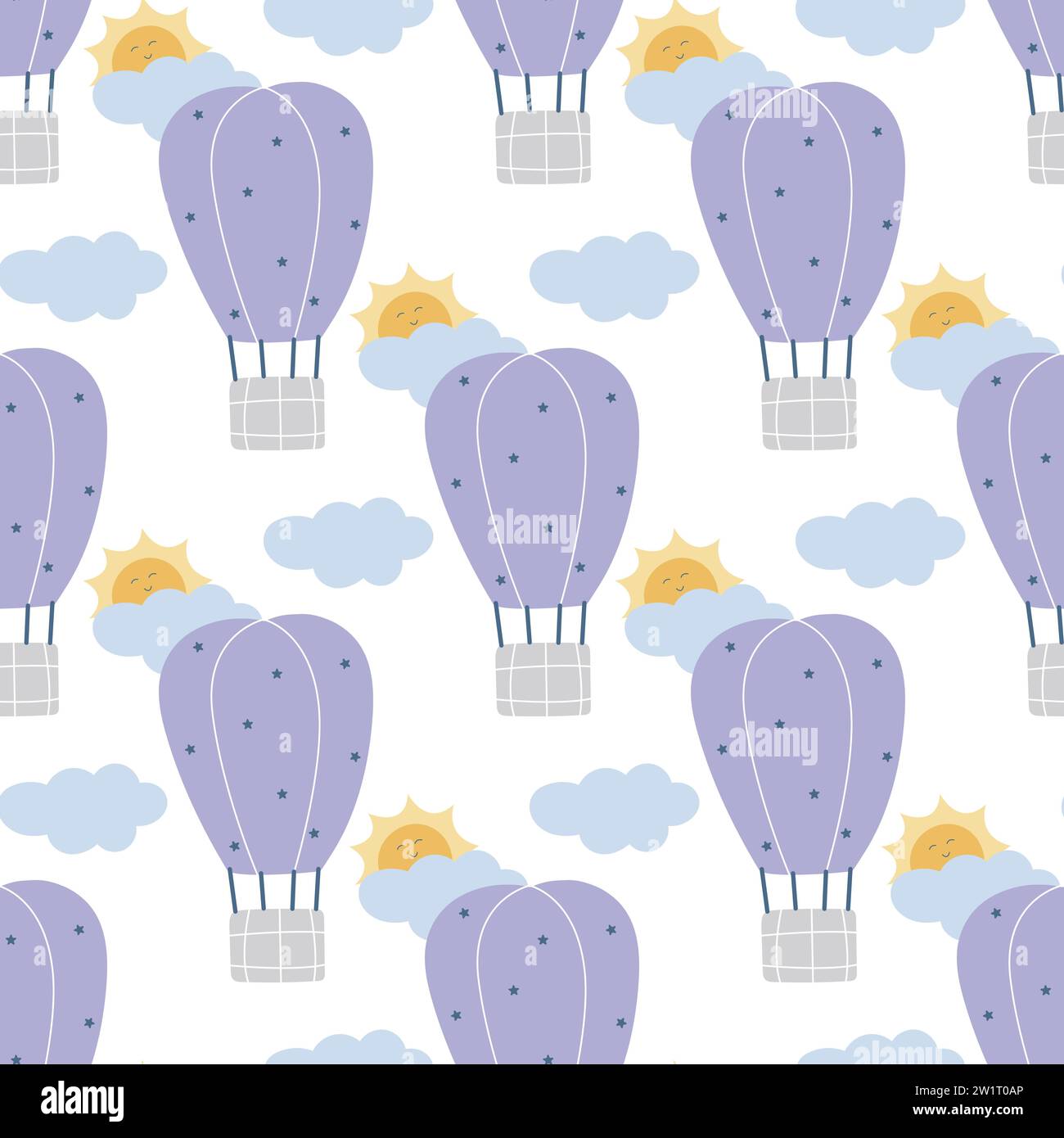 Hot air balloon seamless pattern. Background with sun, clouds and ...