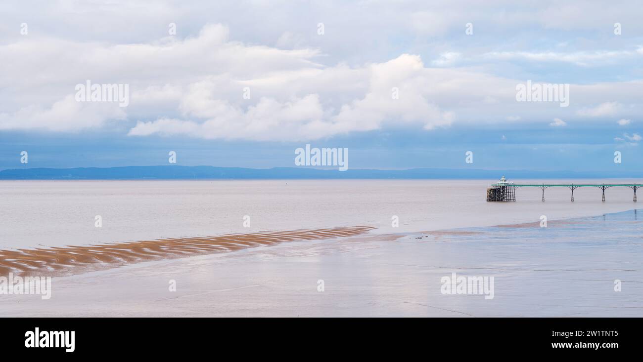 Clevedon pier at low tide on the Somerset coast of the Bristol Channel ...