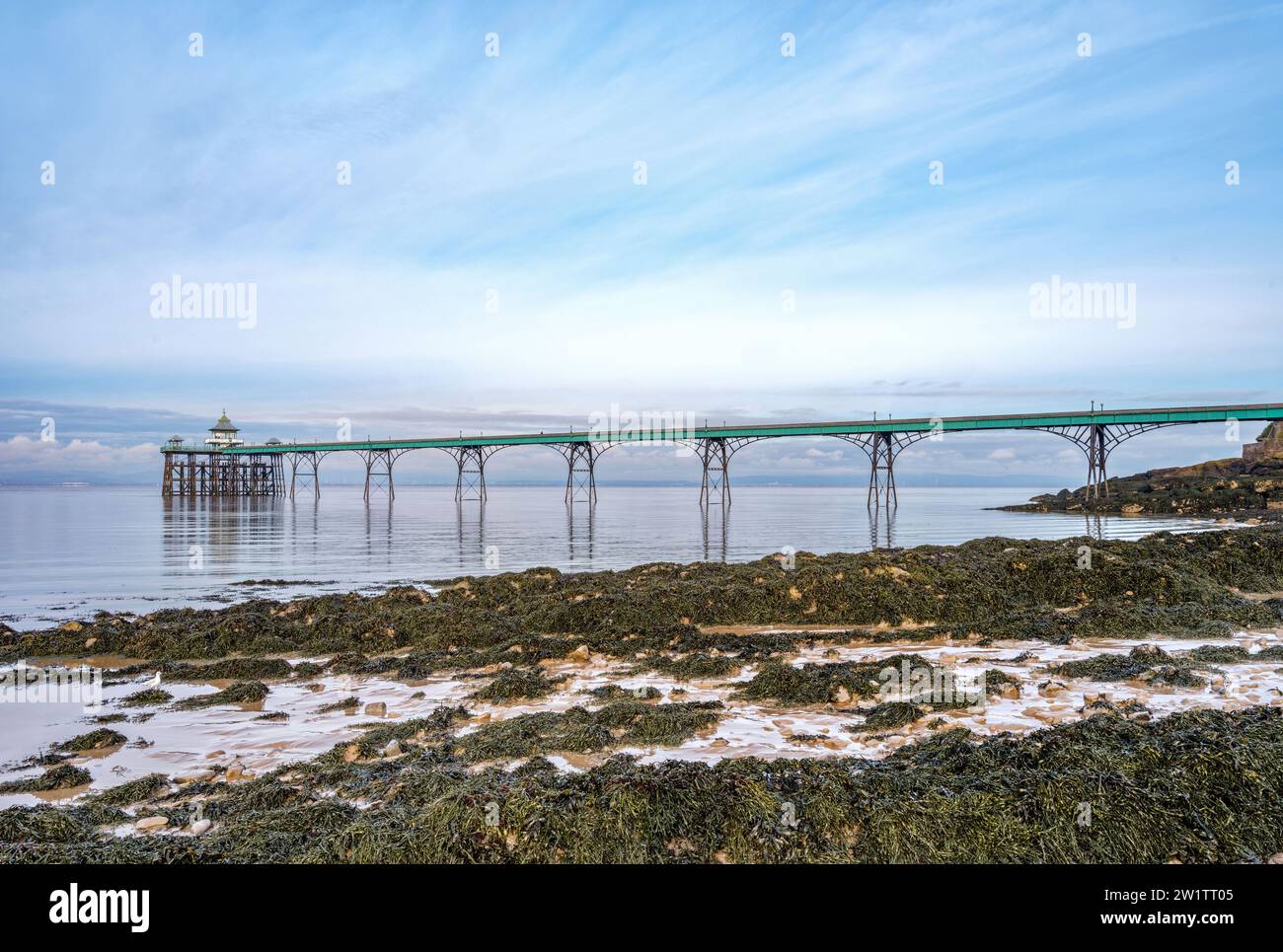 Clevedon pier at low tide on the Somerset coast of the Bristol Channel ...