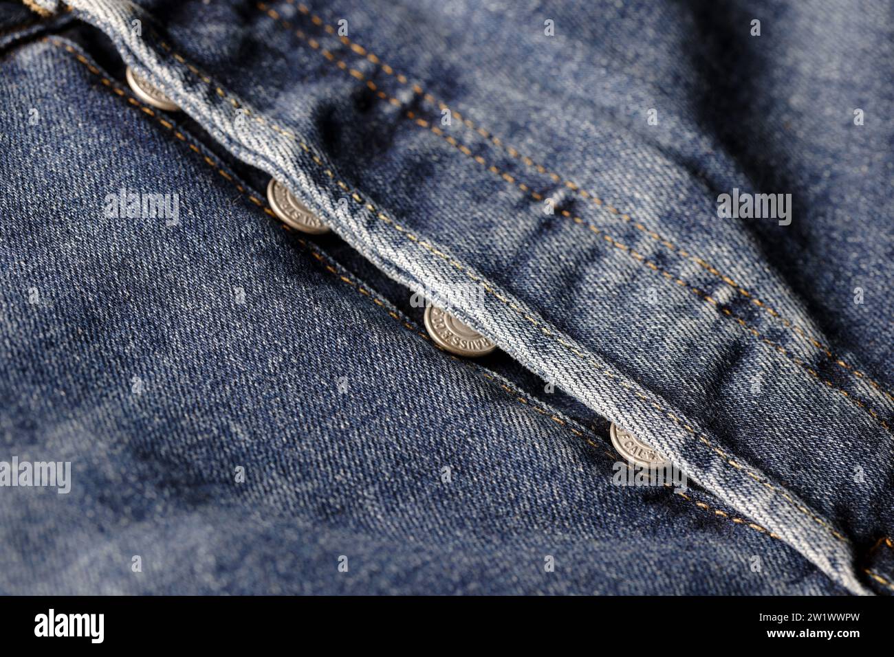 Close up of the details of new LEVI'S 501 Jeans. Seams and button fly ...