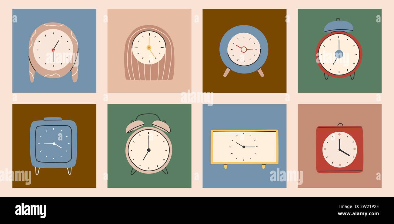 Different Types Of Watches In Trendy Style Clock Poster Set Fashionable Hand Drawn Style Print