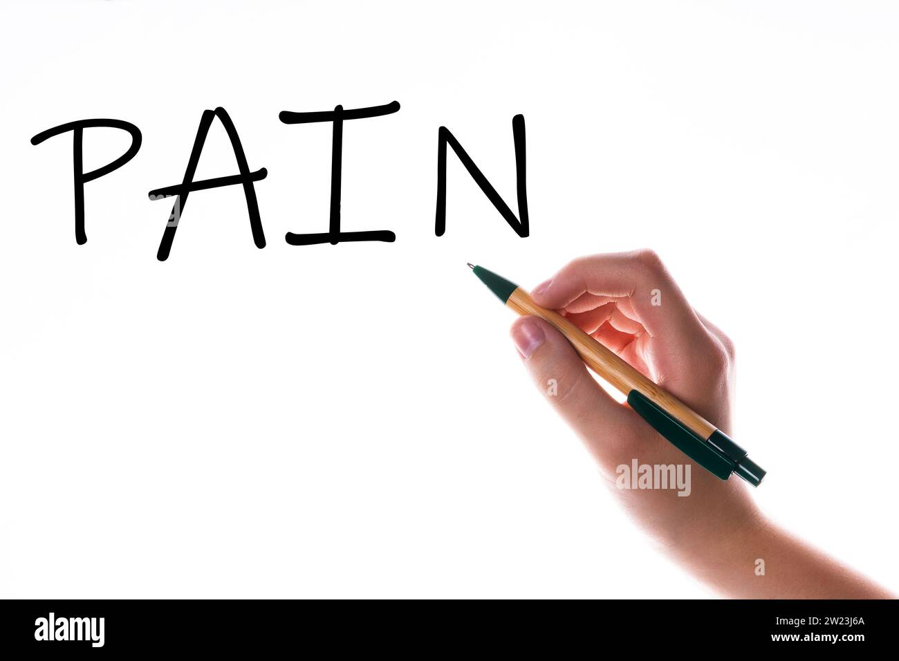 Children hand with pen write on an blue white background. Writing hand ...