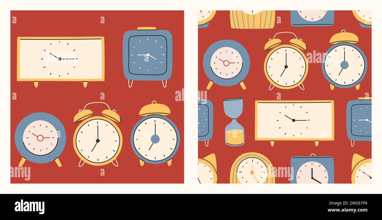 Different Types Of Watches In Trendy Style Clock Poster And Pattern Set Fashionable Modern