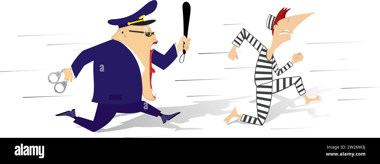 Angry police officer running after a prisoner. Male police officer with ...