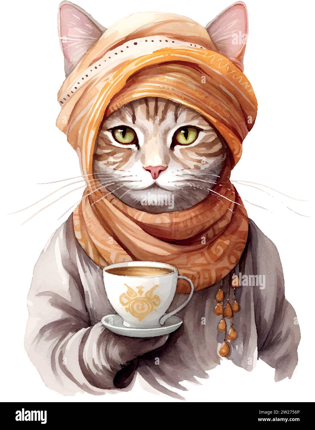 cat in the turban with a cup of coffee watercolor on white Stock Vector ...