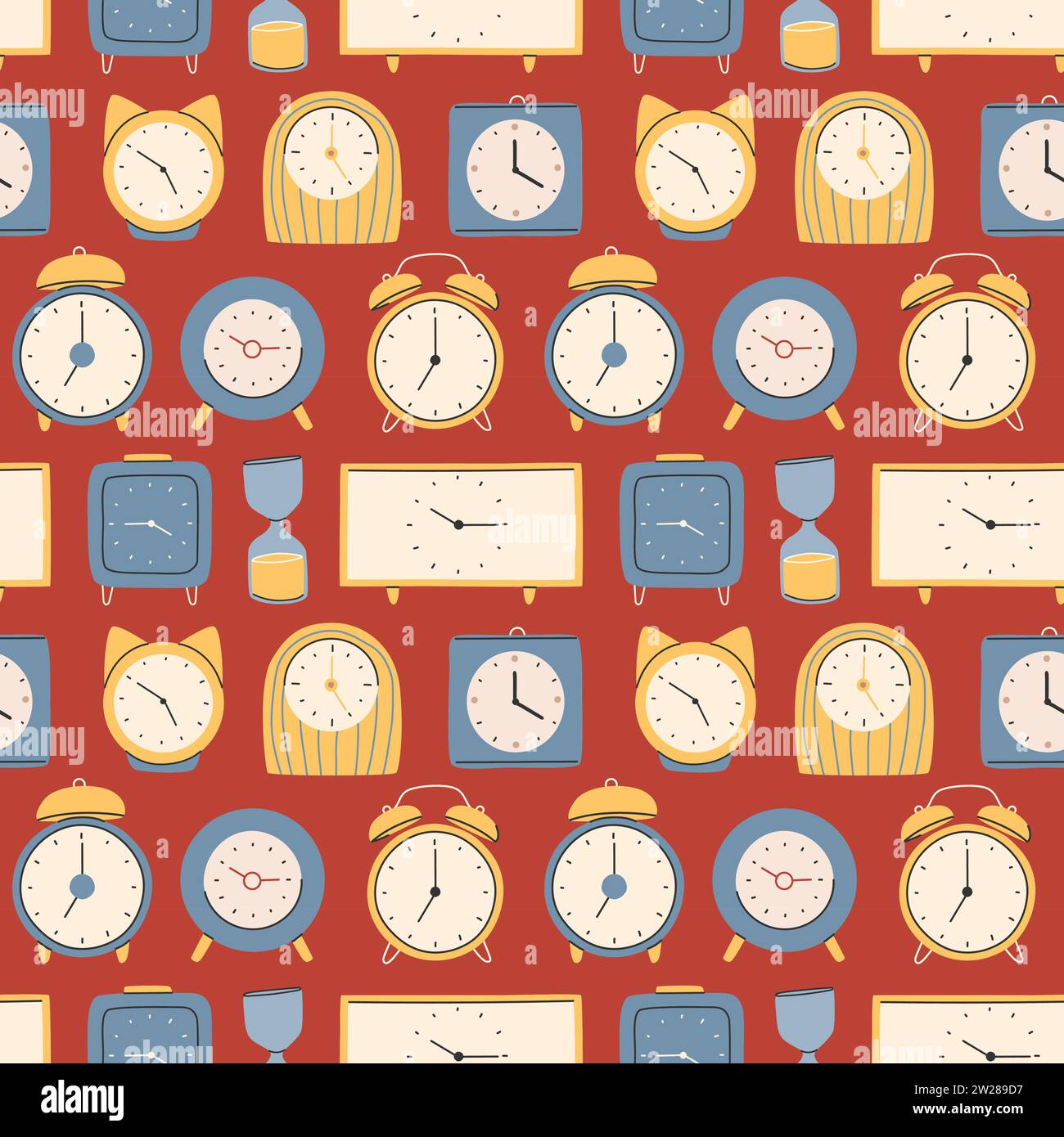 Different types of watches in trendy style. Clock poster, pattern set ...