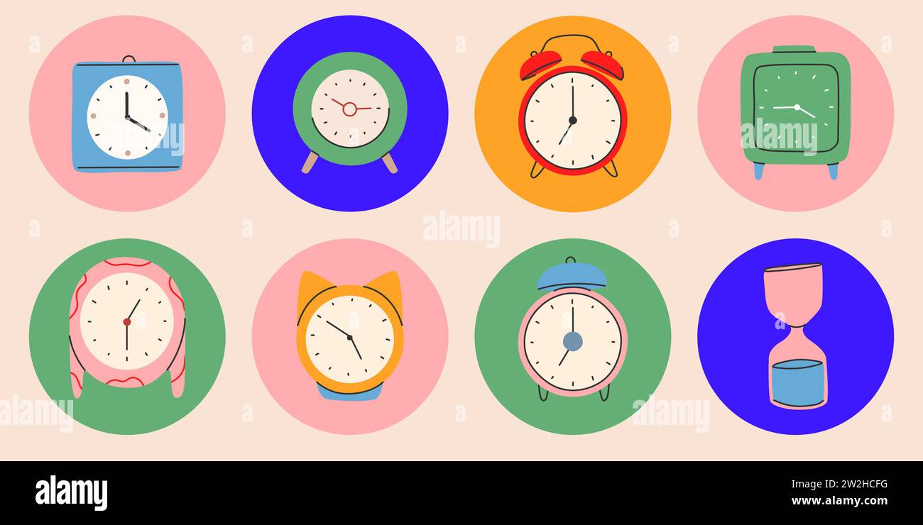 Different Types Of Watches In Trendy Style Clock Icons Set Fashionable Hand Drawn Style Print