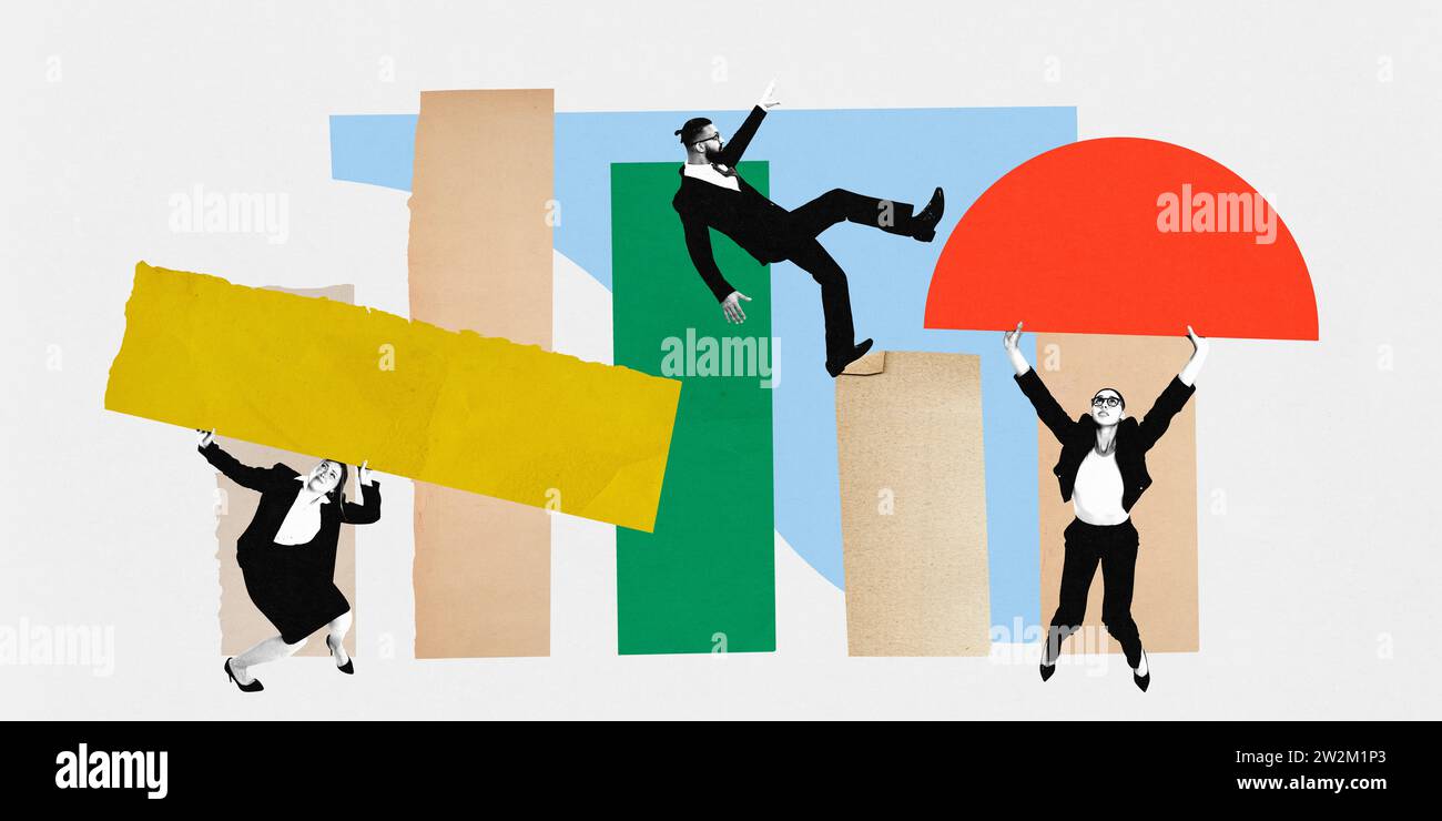 Contemporary art collage. Man goes on schedule and his female coworkers ...