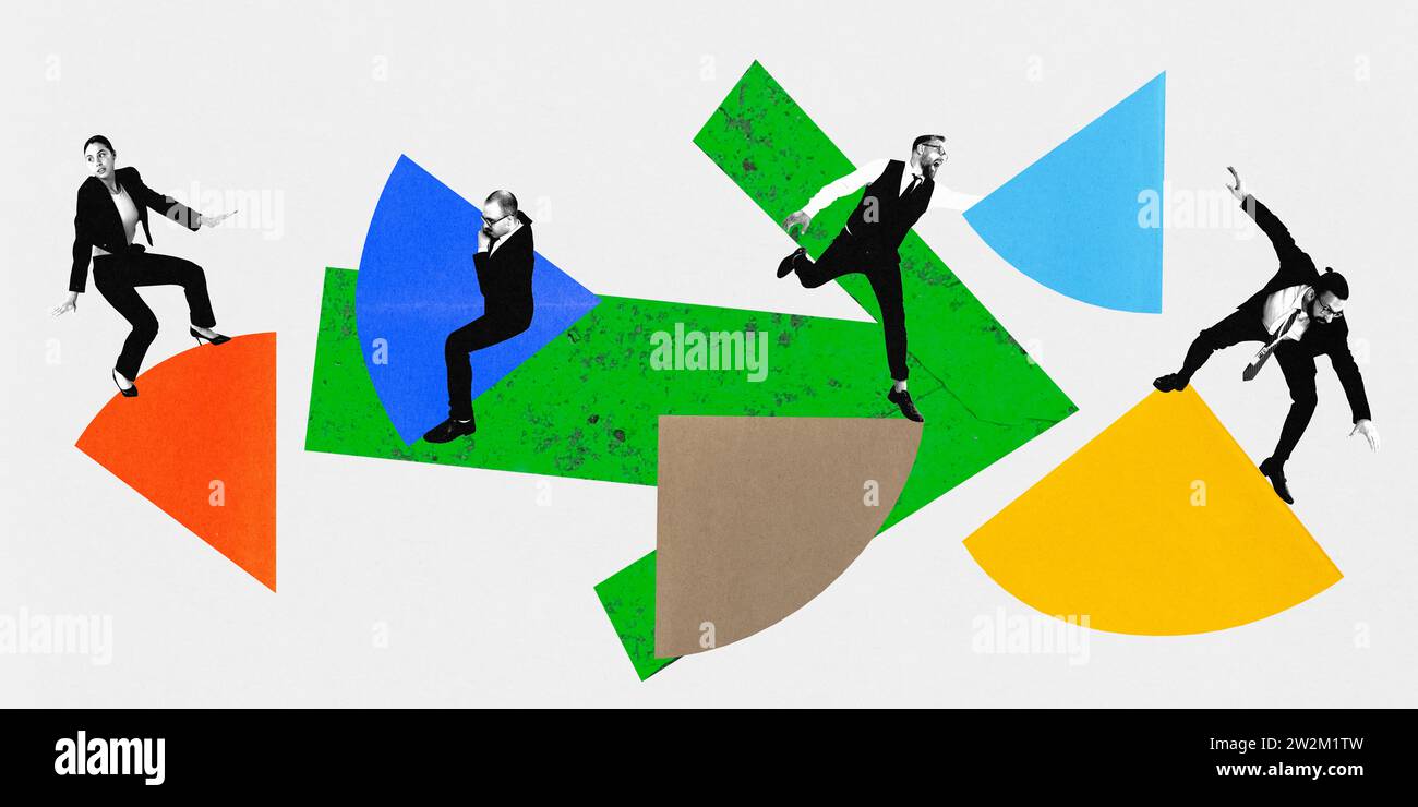 Contemporary art collage. Confusing business people, trying to find and ...