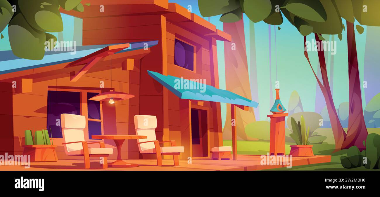 Wooden house with terrace in forest. Cartoon vector summer landscape of ...