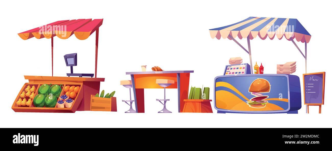 Street food market stalls with farm vegetables and fruits, hamburger ...