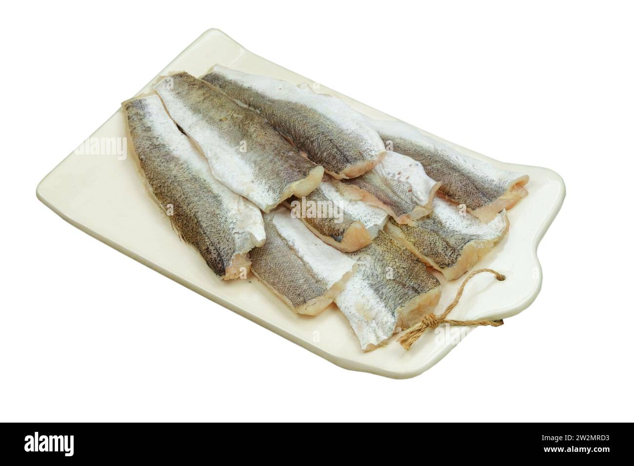 Raw hake on a ceramic board isolated on white background. Hake Filet ...