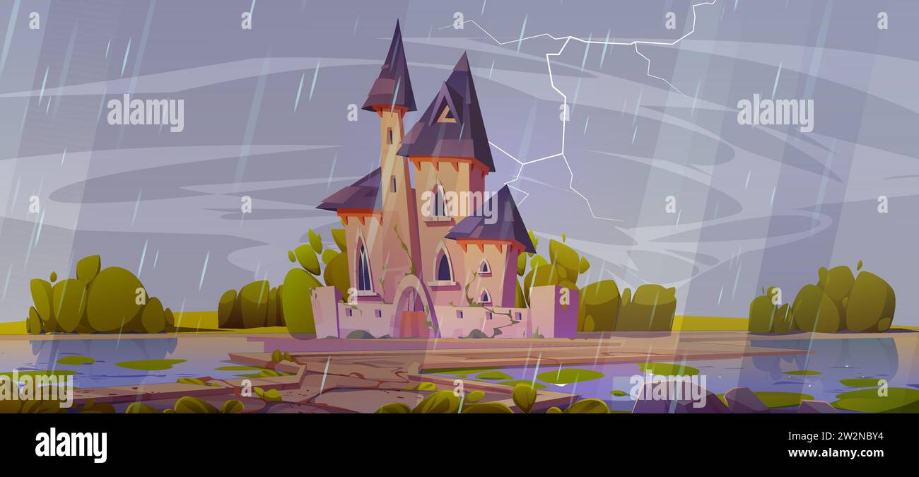 Royal castle with gates, windows and towers in rainy weather. Path to ...