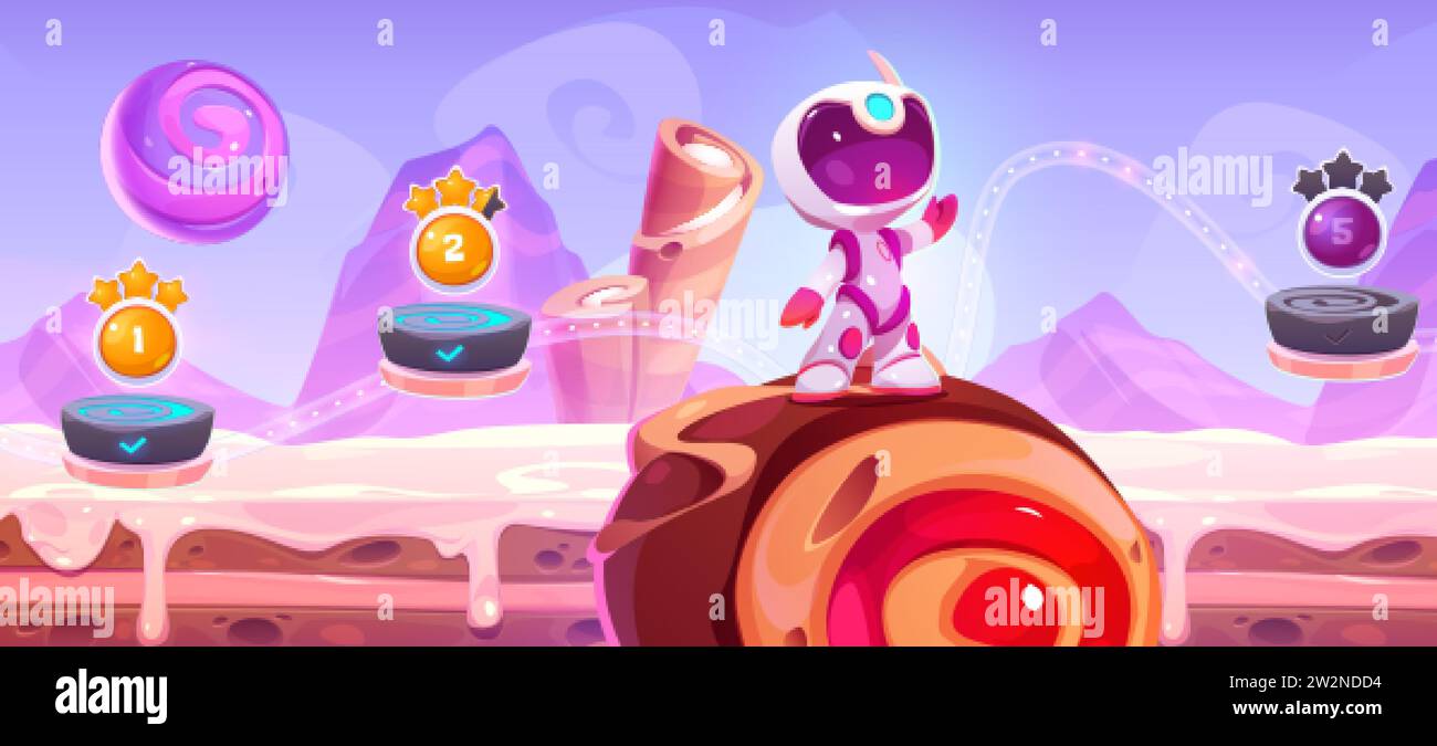 Candy game level map with road in sky cartoon illustration. Food space ...