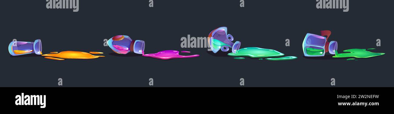 Fallen glass tubes with spilled colored potions. Overturned bottles of ...