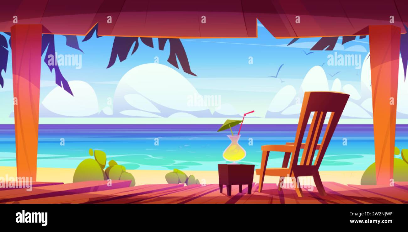 Terrace with beautiful sunny seascape view. Vector cartoon illustration ...