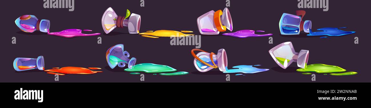 Glass bottles with magic elixir spills set isolated on background ...