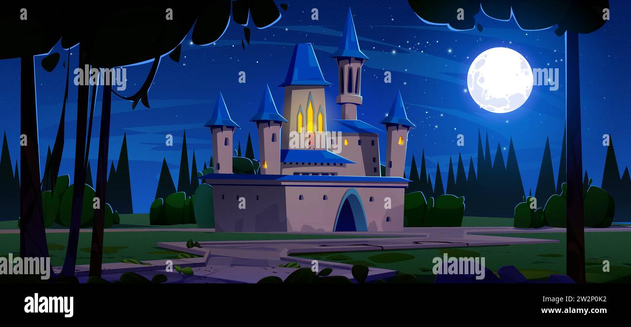 Medieval castle against night forest landscape. Vector cartoon ...
