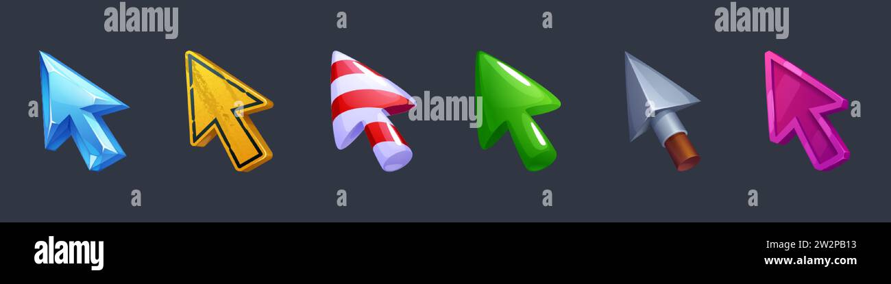 Game ui arrow cursor, cute mouse pointer vector. Metal spear, crystal ...