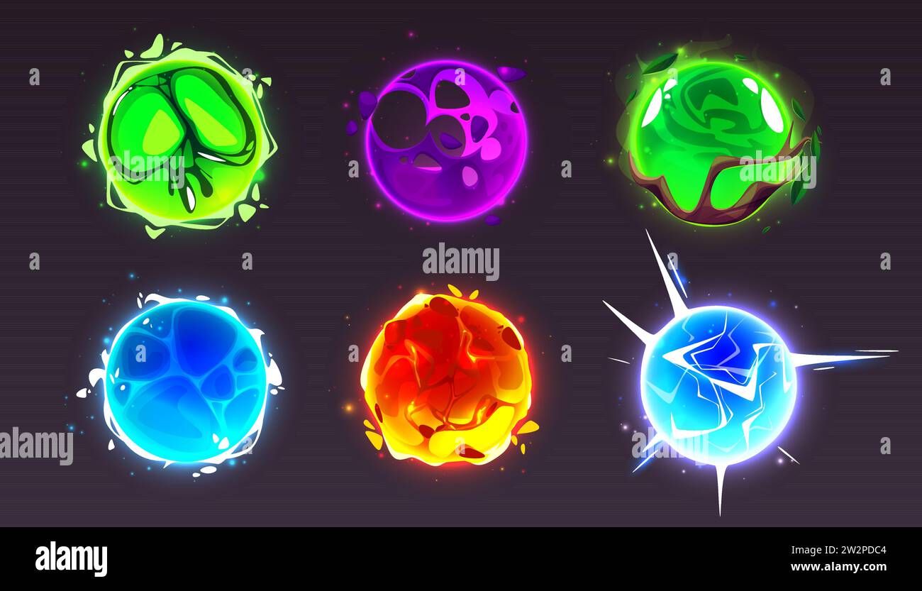 Magical game orbs with glowing neon effect. Cartoon vector illustration ...