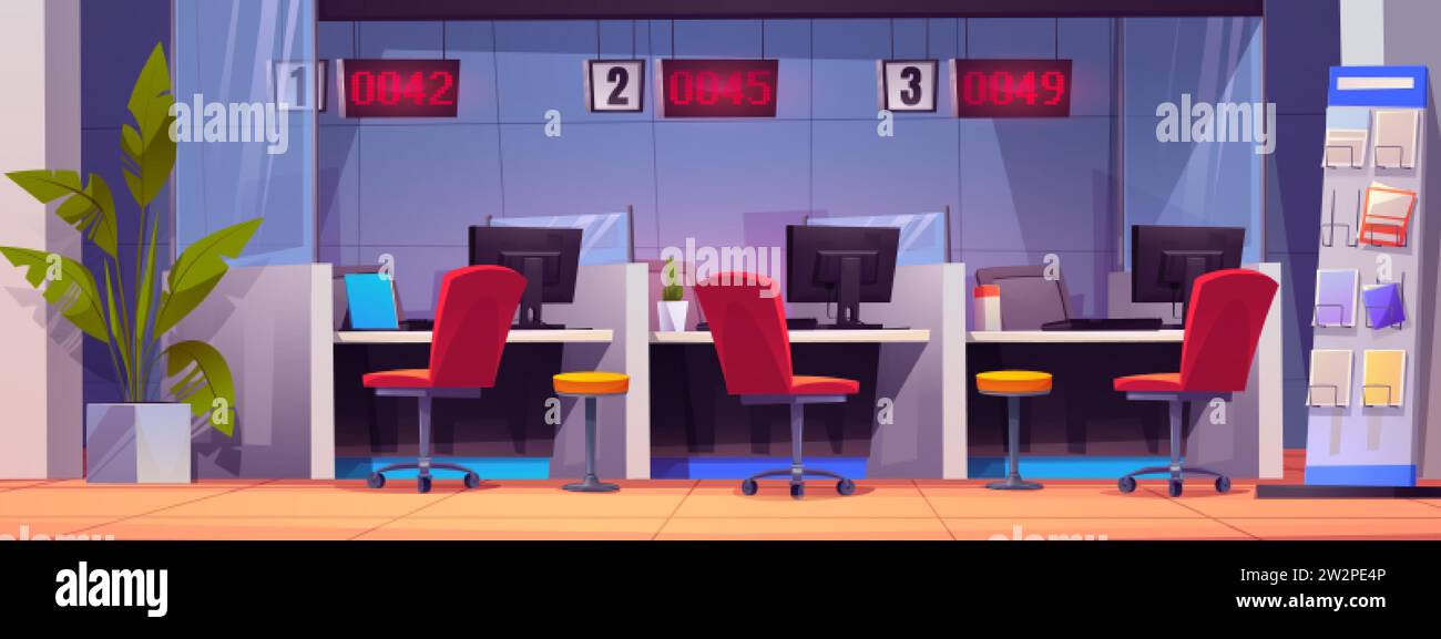Bank customer service office interior - cartoon vector illustration ...