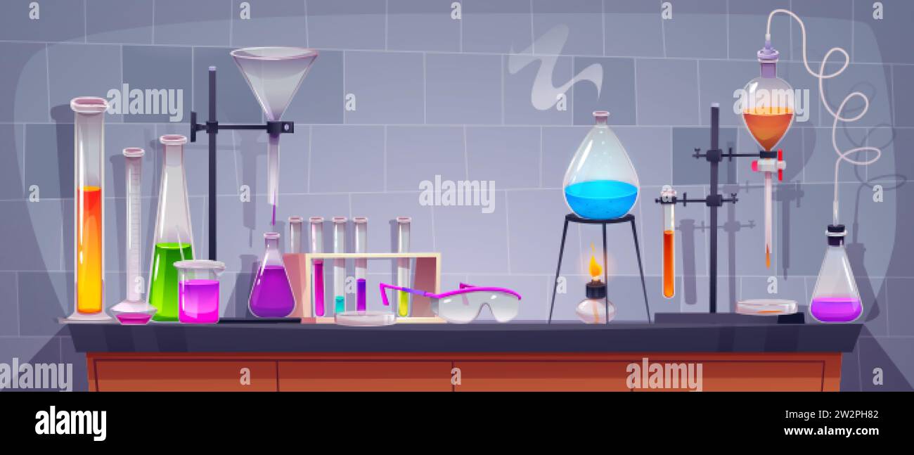 Glass equipment on table in laboratory during chemistry experiment ...