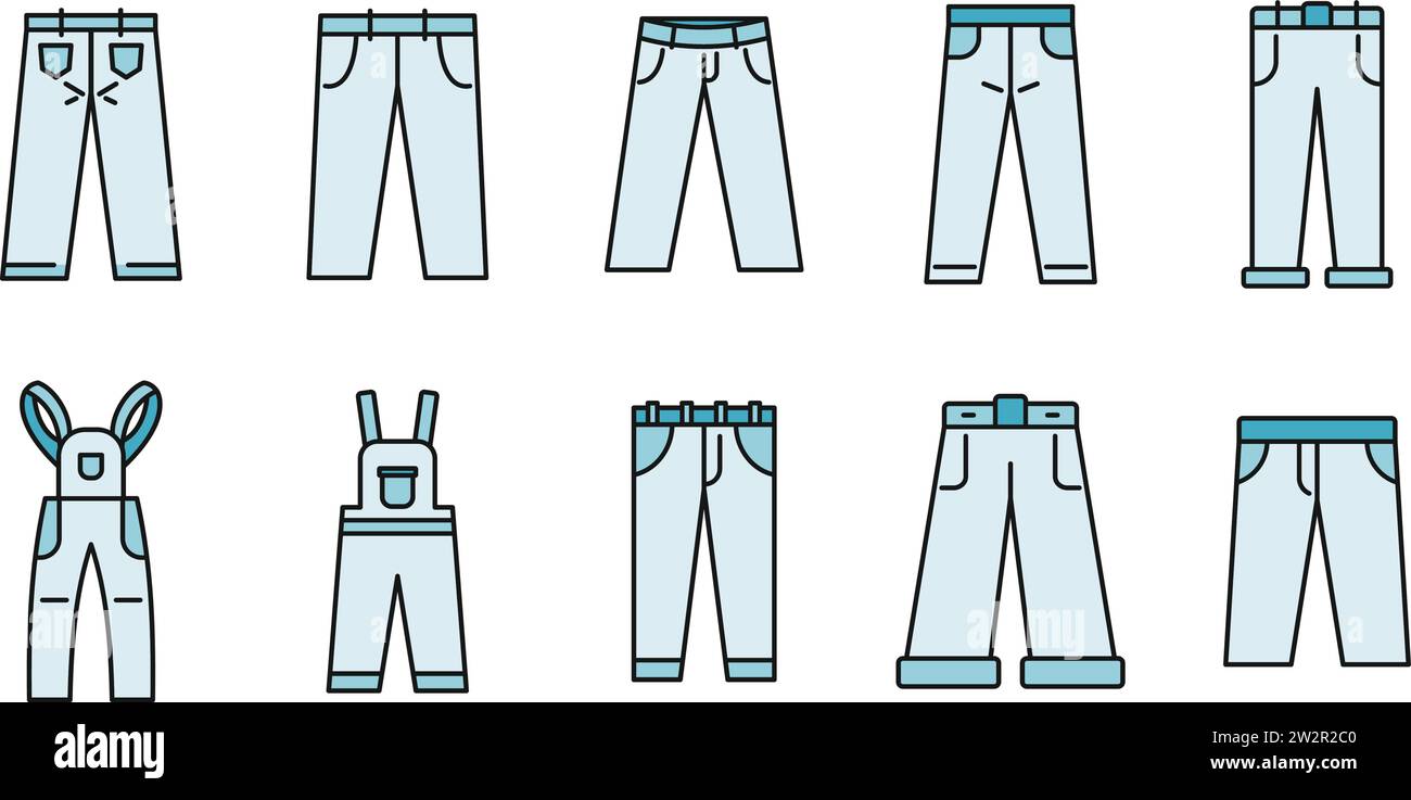 Jeans icons set. Outline set of jeans vector icons thin line color flat on white Stock Vector ...
