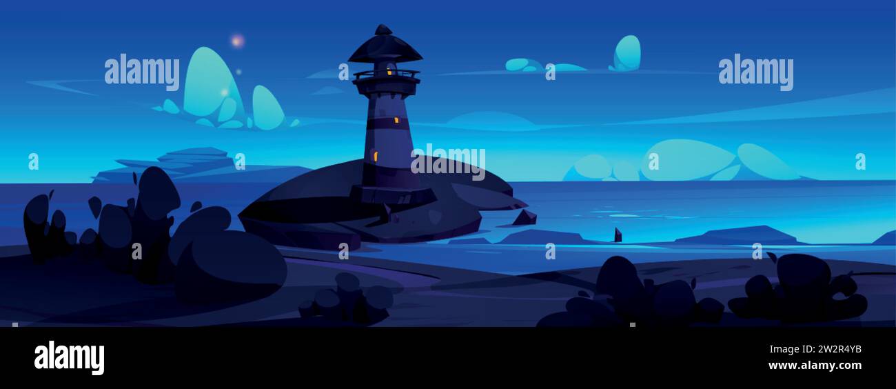 Lighthouse on beach near sea vector landscape background. Light house ...
