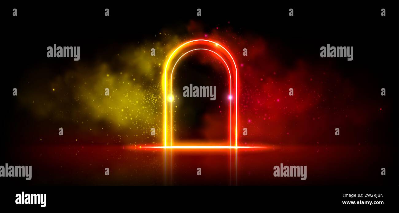 Neon effect arched door frame with luminous steam. Red and yellow ...