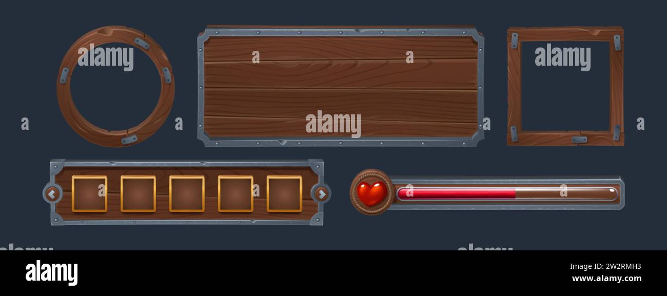 Wood ui board frame and life heart slider cartoon. Wooden texture button and red progress bar ...