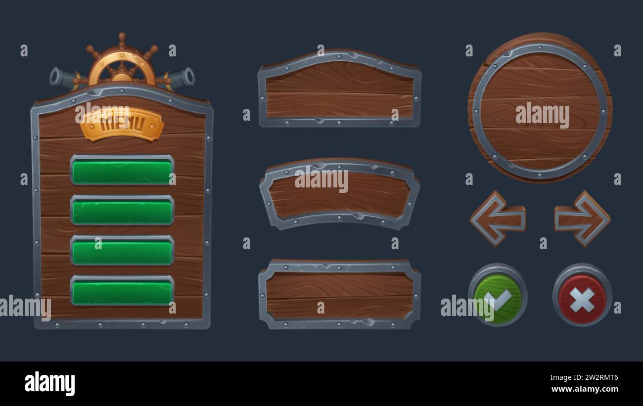 Wood pirate ui game frame and board button vector. Wooden texture menu interface with arrow ...