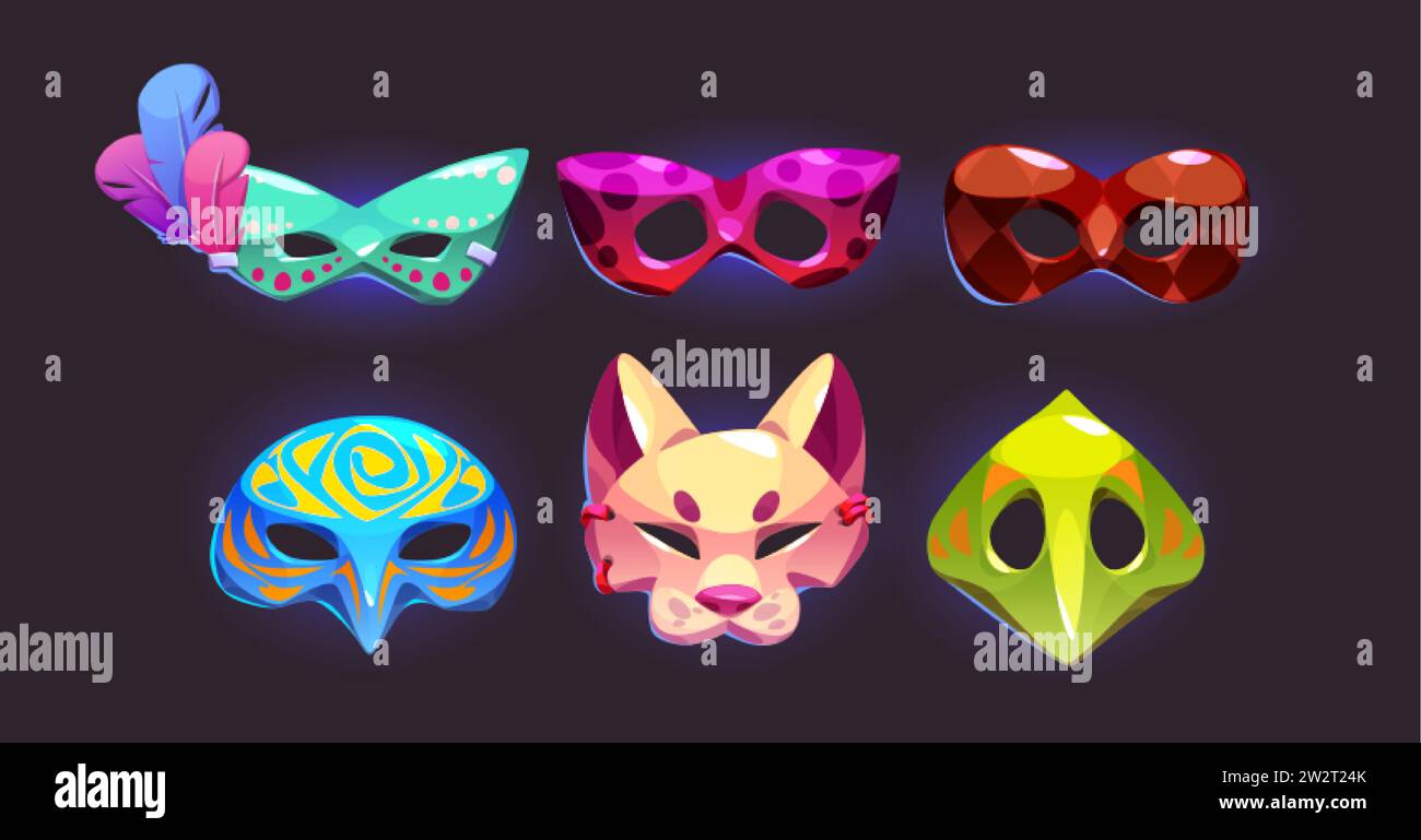 Carnival masks set isolated on black background. Vector cartoon ...