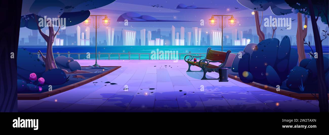 Night city park embankment with bench on street vector illustration ...