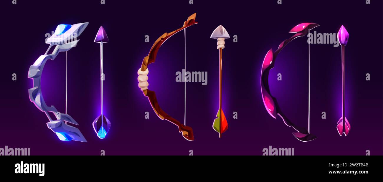 Game cartoon asset of bow and arrow with magical powers. Vector ...