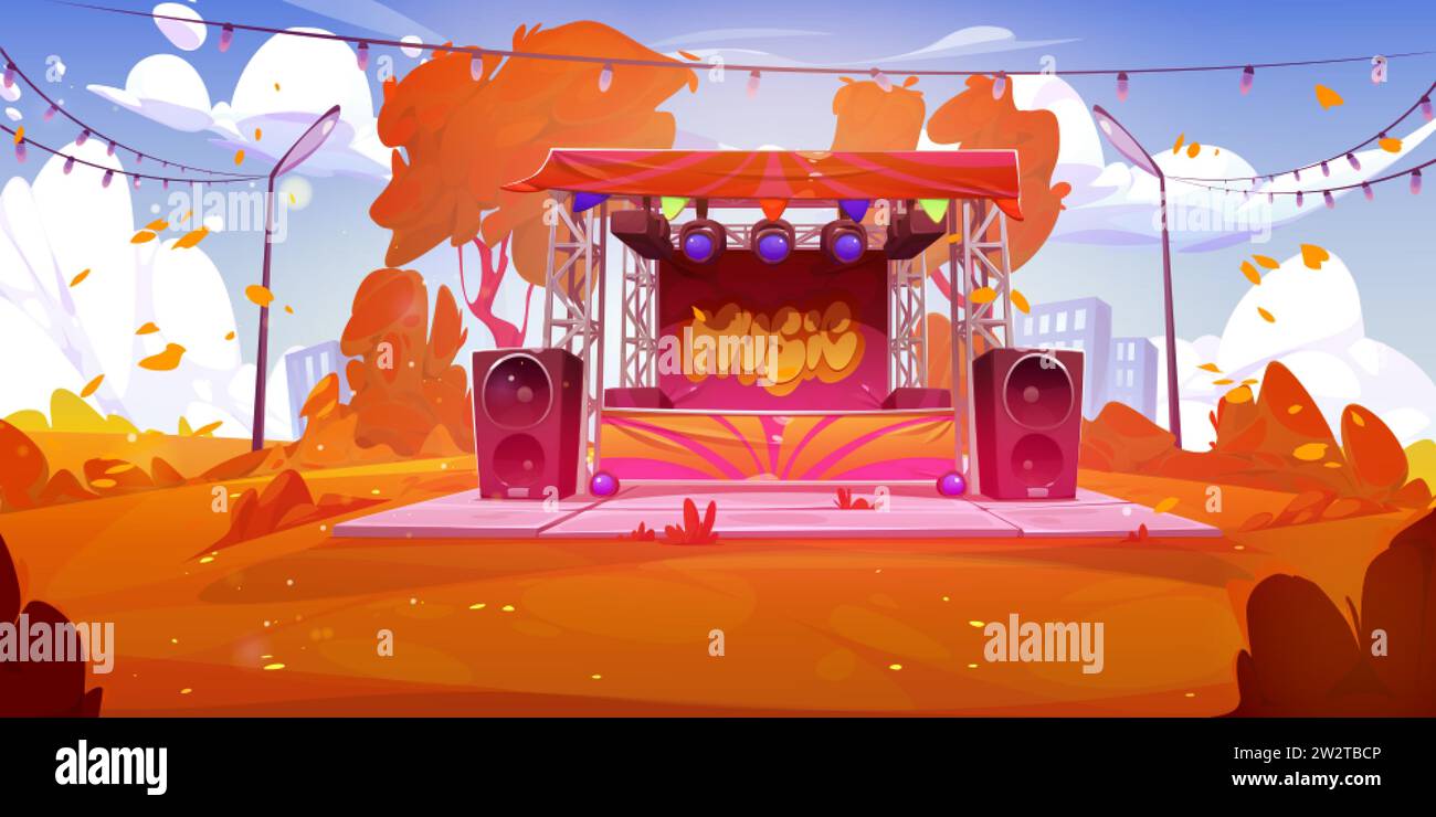 Concert stage at music festival in autumn park. Vector cartoon ...