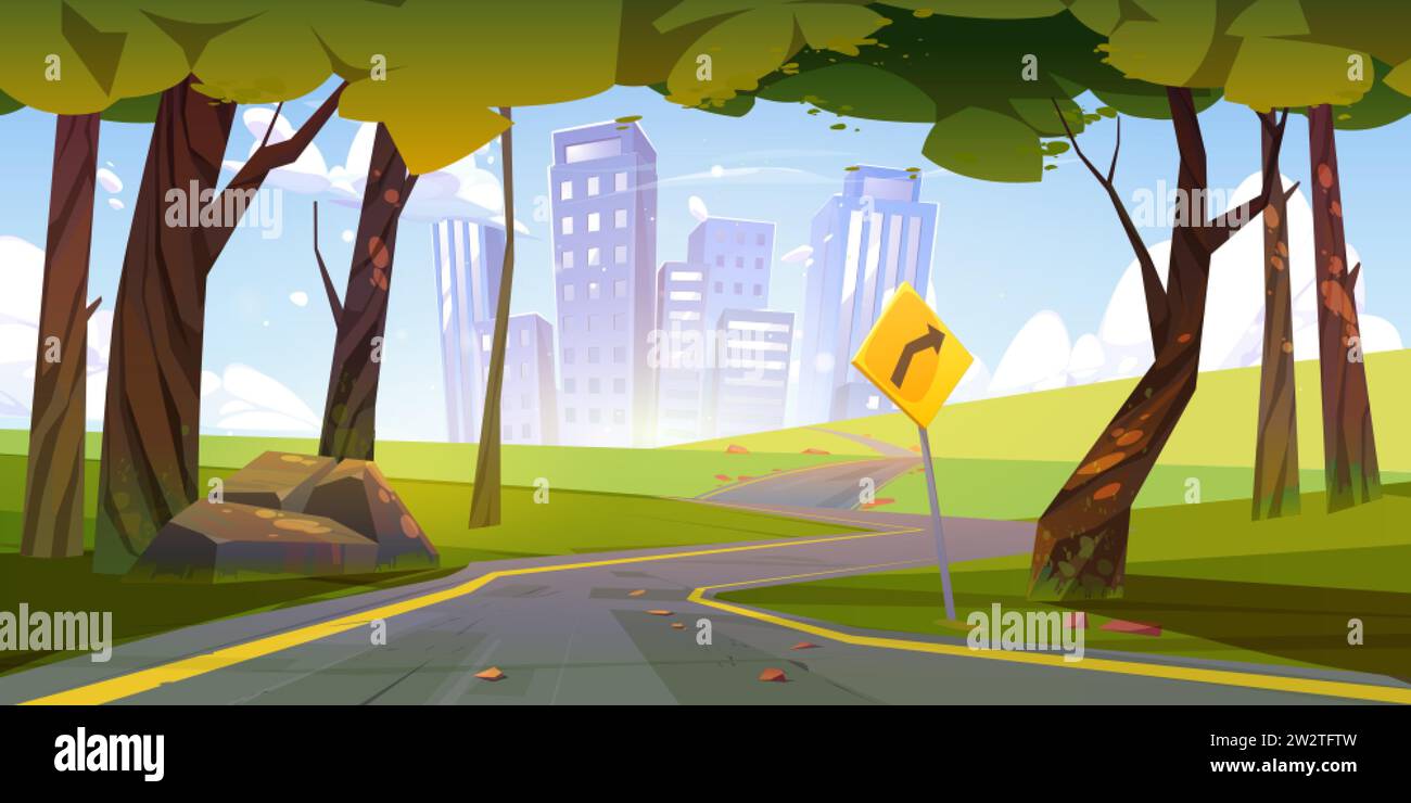 Road to city building cartoon vector game background. Cityscape street ...