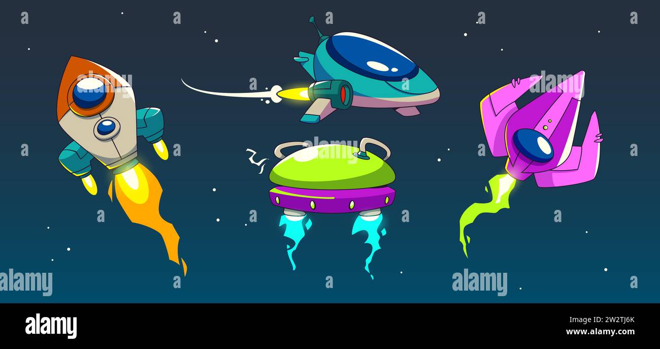 Game rocket spaceship with fire trail cartoon. Alien reactive ship in ...