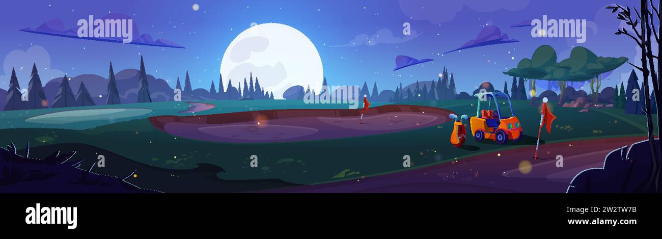 Golf course with green grass surface, sandy areas at night under fool ...