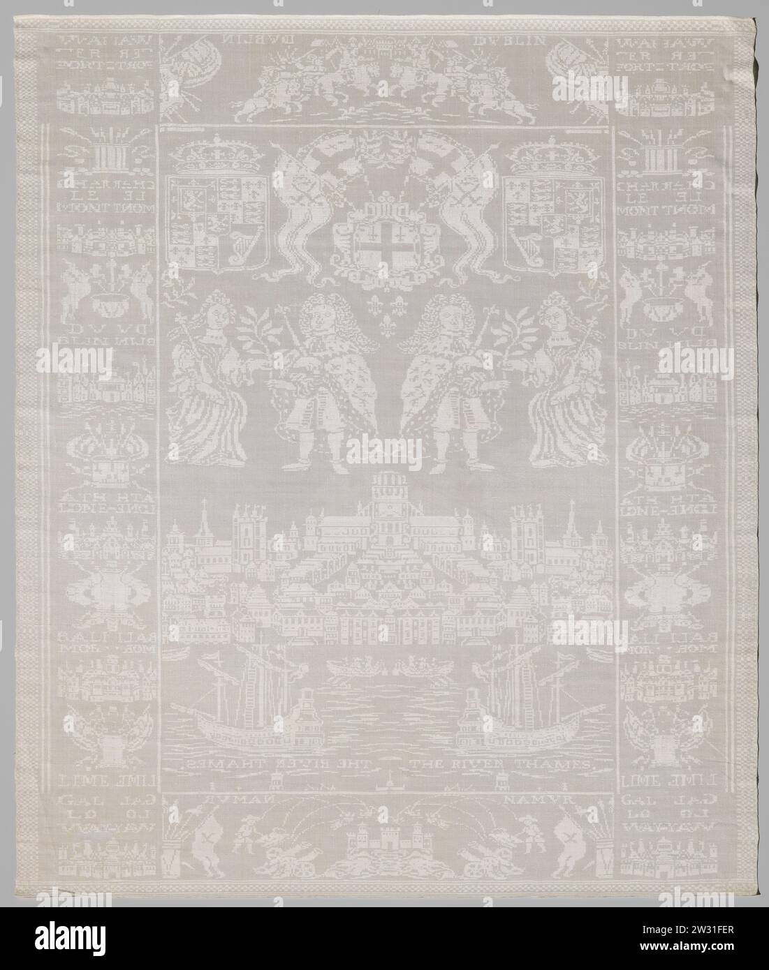 Napkin with London, the Thames, English weapons, King Willem III and ...