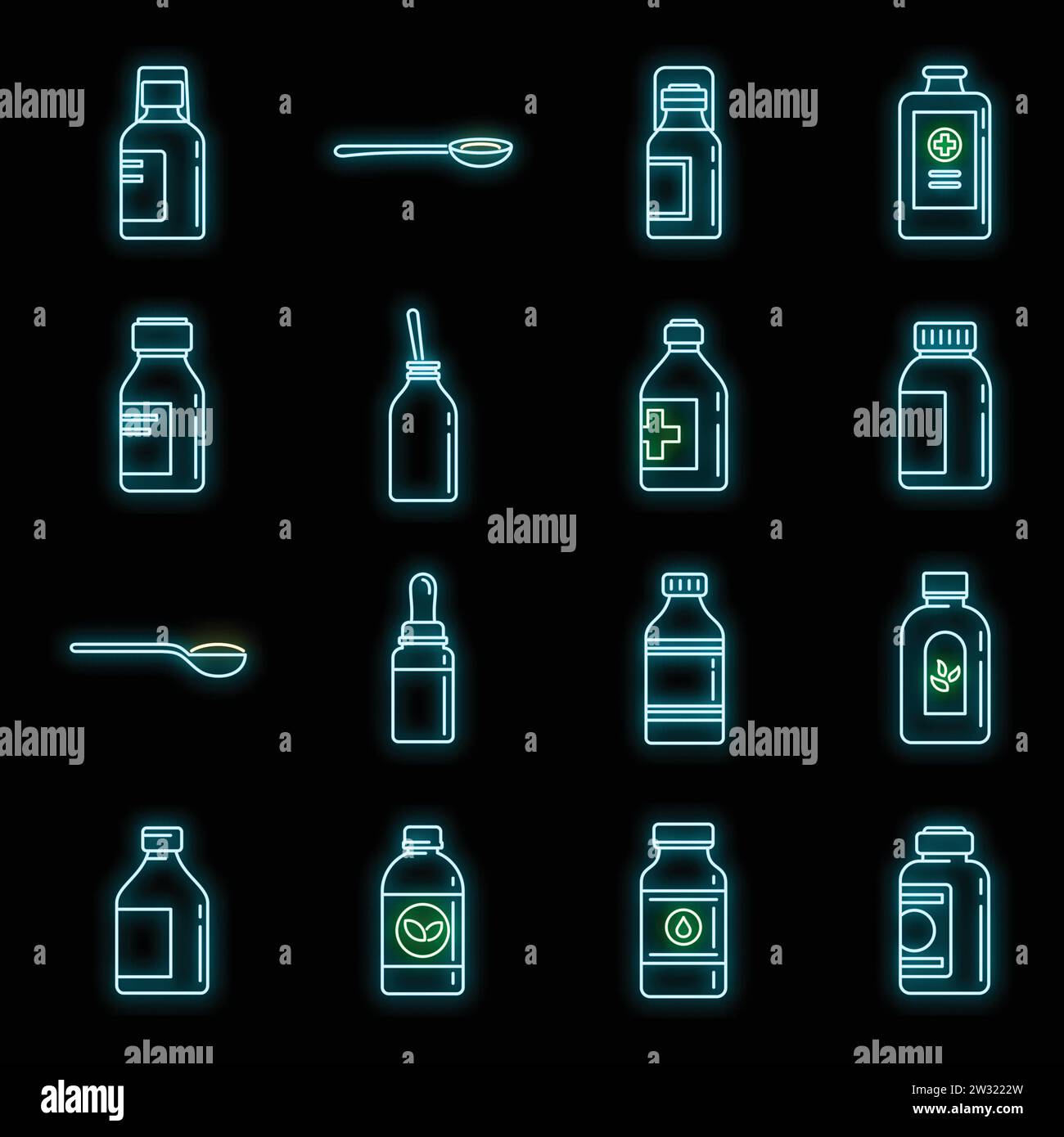 Cough syrup bottle icons set. Outline set of cough syrup bottle vector ...