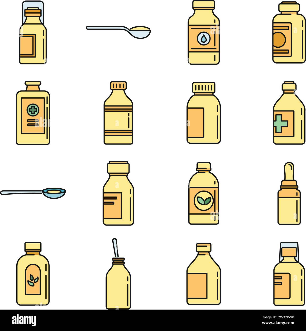 Cough syrup bottle icons set. Outline set of cough syrup bottle vector ...