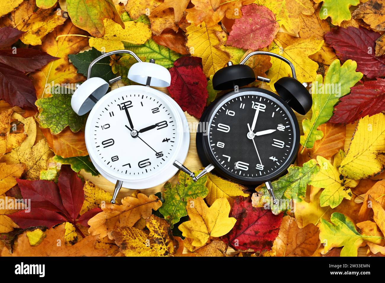 Weißer und schwarzer Wecker im Herbstlaub, Symbolfoto Winterzeit Stock ...