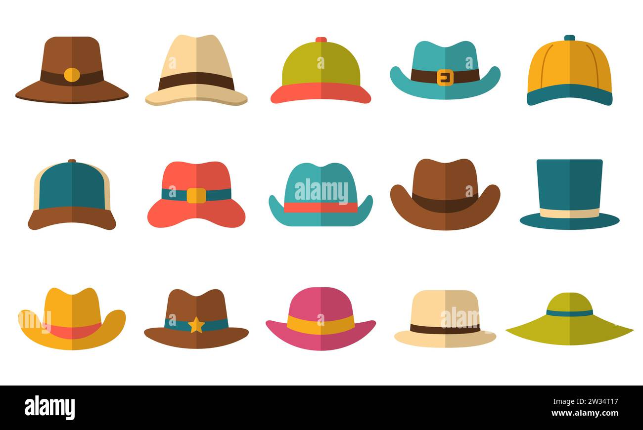 Hats icons set, female and male headwear, derby and cowboy, cap, panama ...
