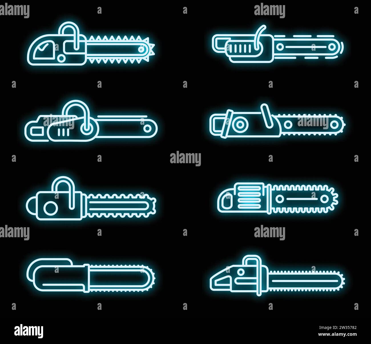 Modern chainsaw icons set. Outline set of modern chainsaw vector icons ...