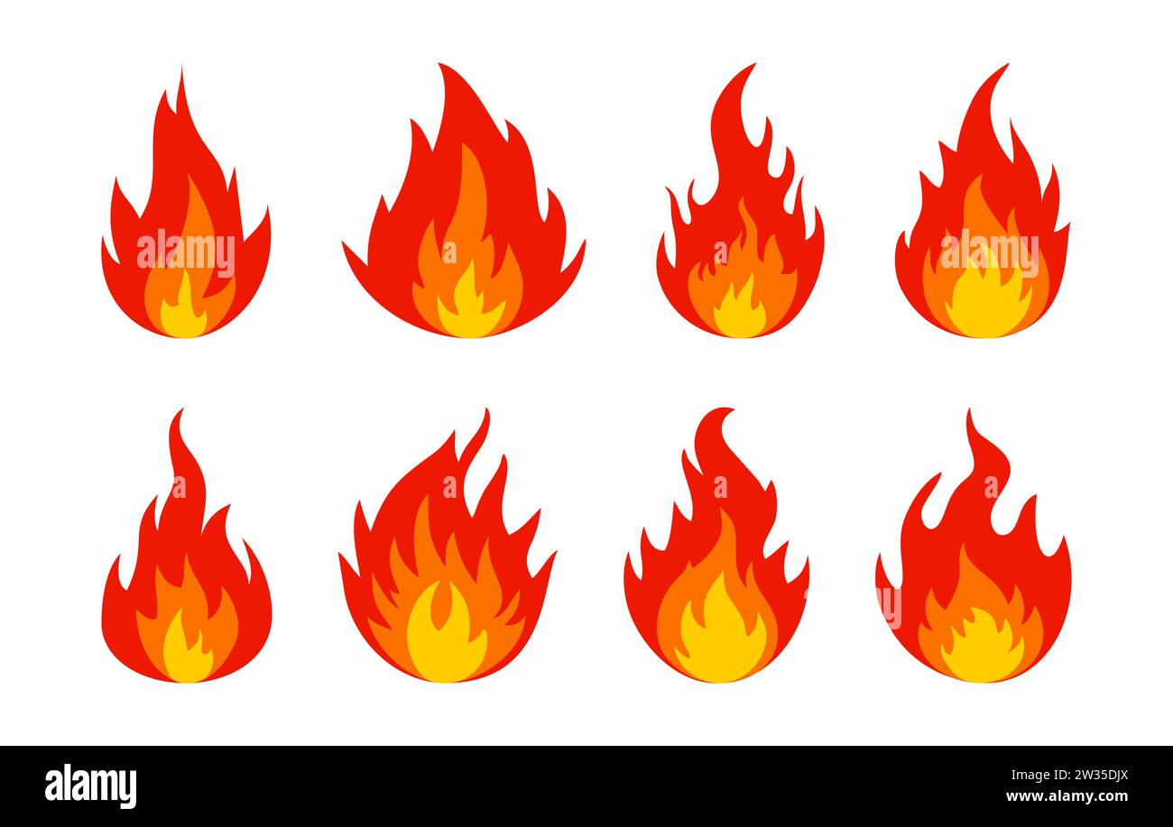 Fire icons. Set of bright burning flame and bonfire icons. Burn sign ...