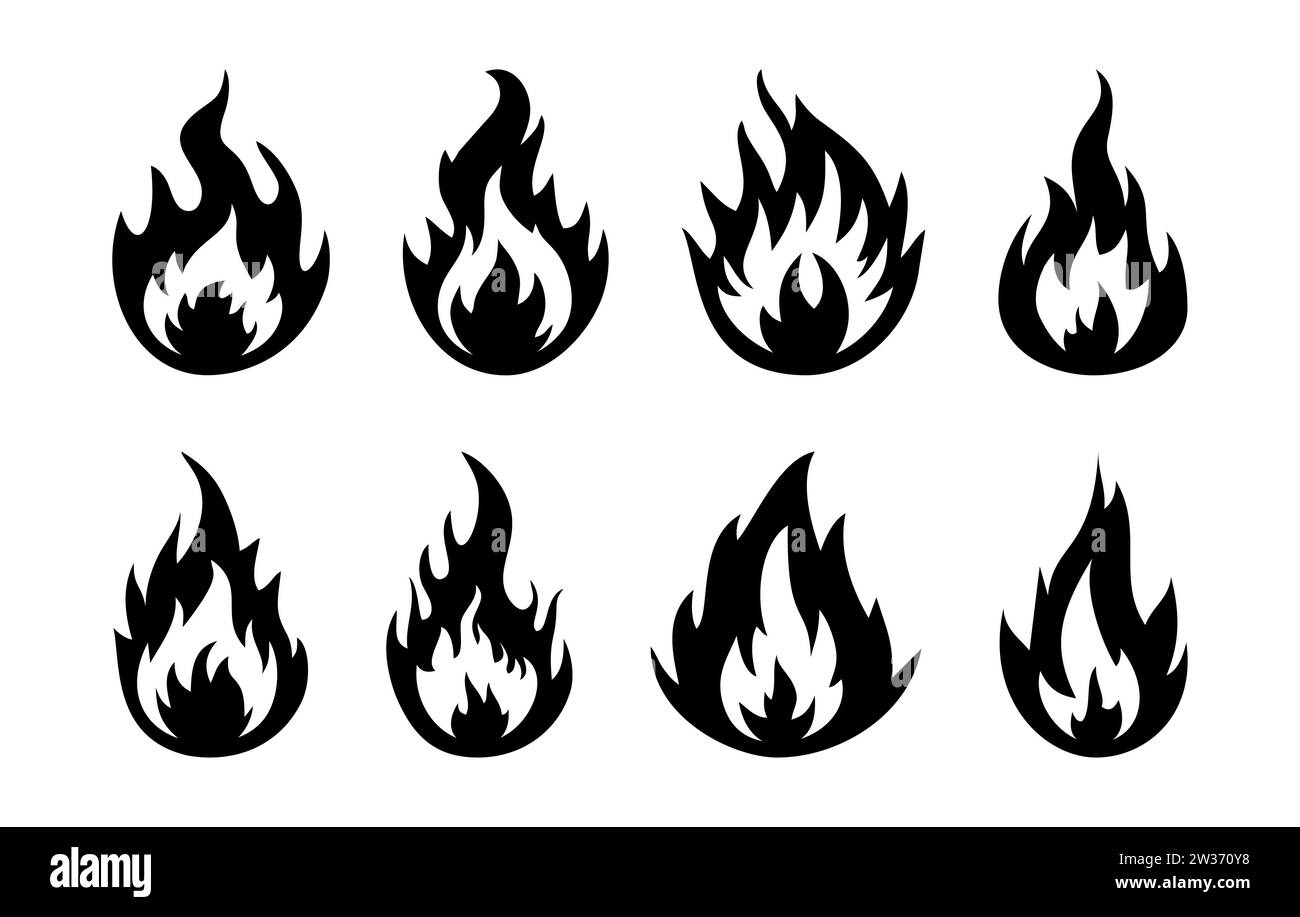 Fire icons. Set of bright burning flame and bonfire icons. Burn sign ...