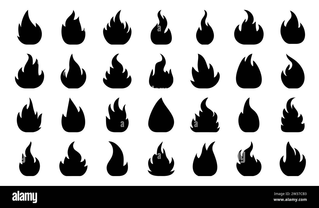 Fire icons. Set of bright burning flame and bonfire icons. Burn sign ...