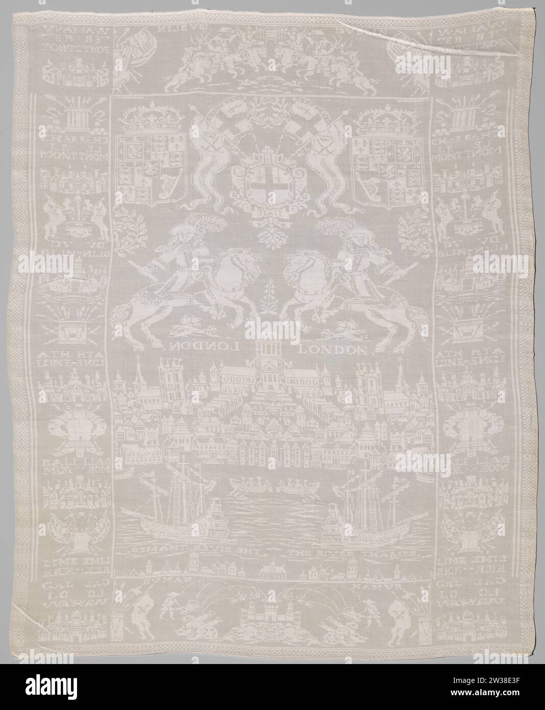 Napkin with London, the Thames, English weapons, horsemen and conquered ...