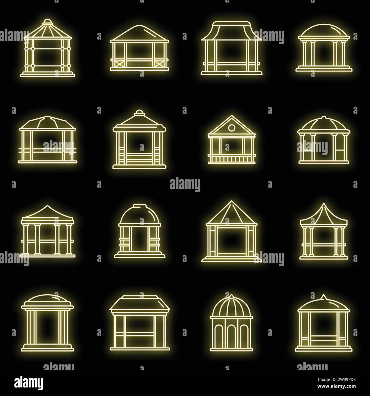 Summer gazebo icons set. Outline set of summer gazebo vector icons neon ... Summer gazebo icons set. Outline set of summer gazebo vector icons neon ...