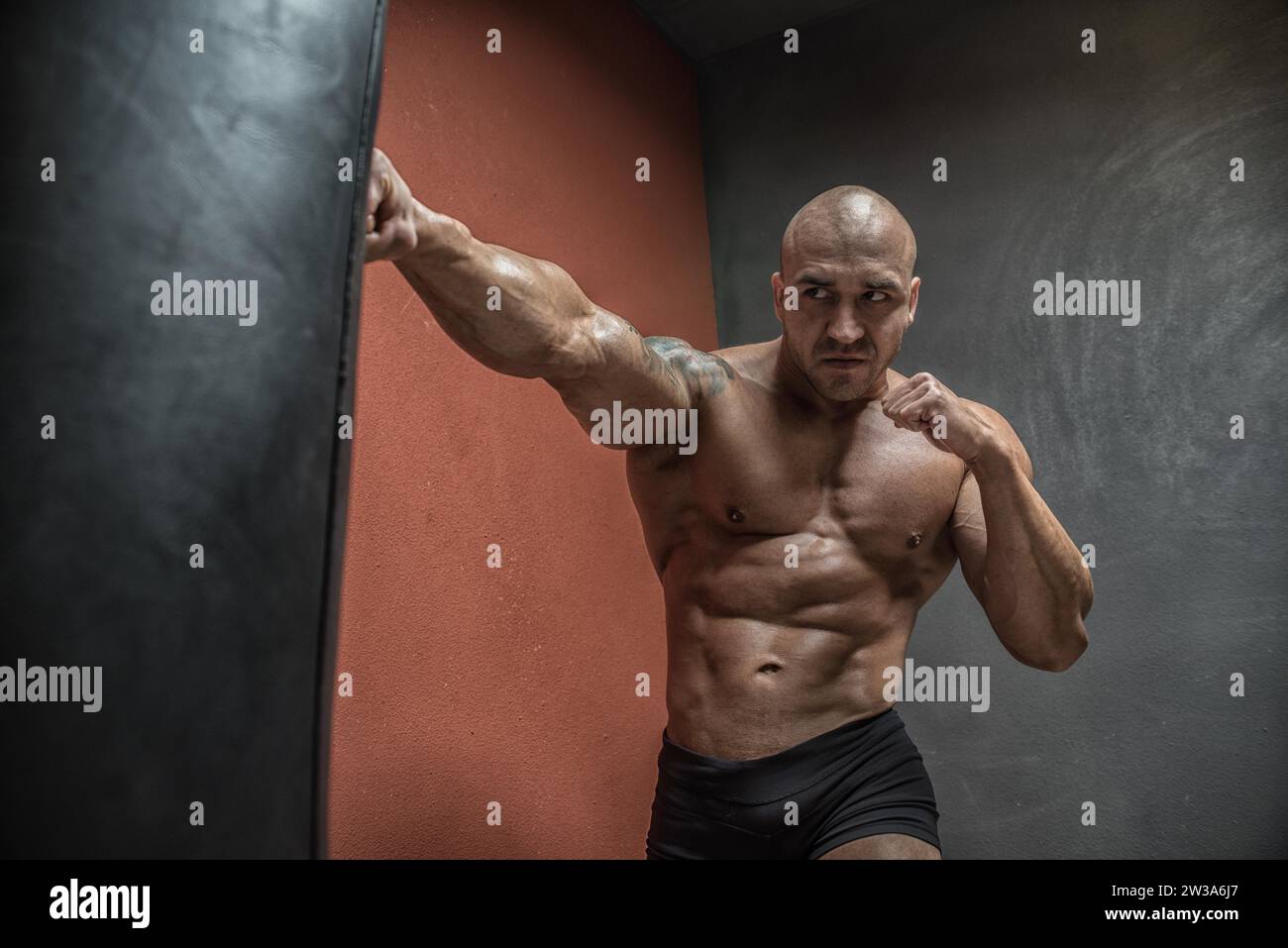 Fighter mixed martial arts training in the gym without gloves in short ...